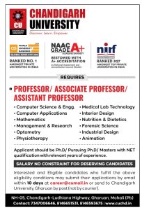 Chandigarh University, Mohali Wanted Professor/ Associate Professor/ Assistant Professor ...