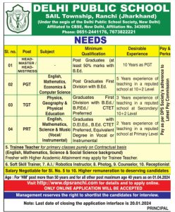 Delhi Public School, Ranchi Wanted Teachers and Non-Teaching faculty | FacultyPlus