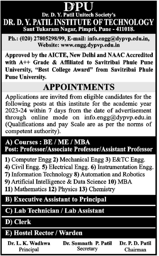 Dr. D. Y. Patil Institute of Technology, Pune Wanted Professor/Associate/Assistant Professor and ...