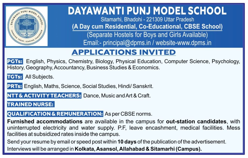 Dayawanti Punj Model School, Bhadohi Wanted Teachers and Non-Teaching ...