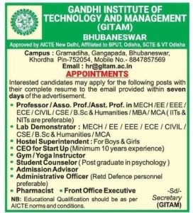 Gandhi Institute Of Technology And Management (Gitam), Bhubaneswar Wanted Teaching and Non ...