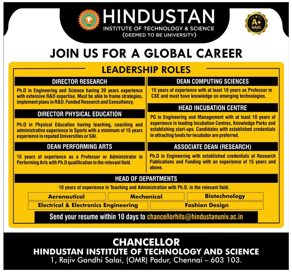 Hindustan Institute of Technology and Science, Chennai Wanted Non-Teaching Faculty | FacultyPlus
