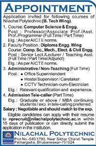 Nilachal Polytechnic, Bhubaneshwar Wanted Teaching and Non-Teaching Faculty | FacultyPlus