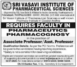 Associate Professor/ Assistant Professor Openings at Sri Vasavi Institute of Pharmaceutical ...
