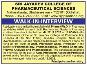 Sri Jayadev College of Pharmaceutical Sciences, Bhubaneswar Wanted ...