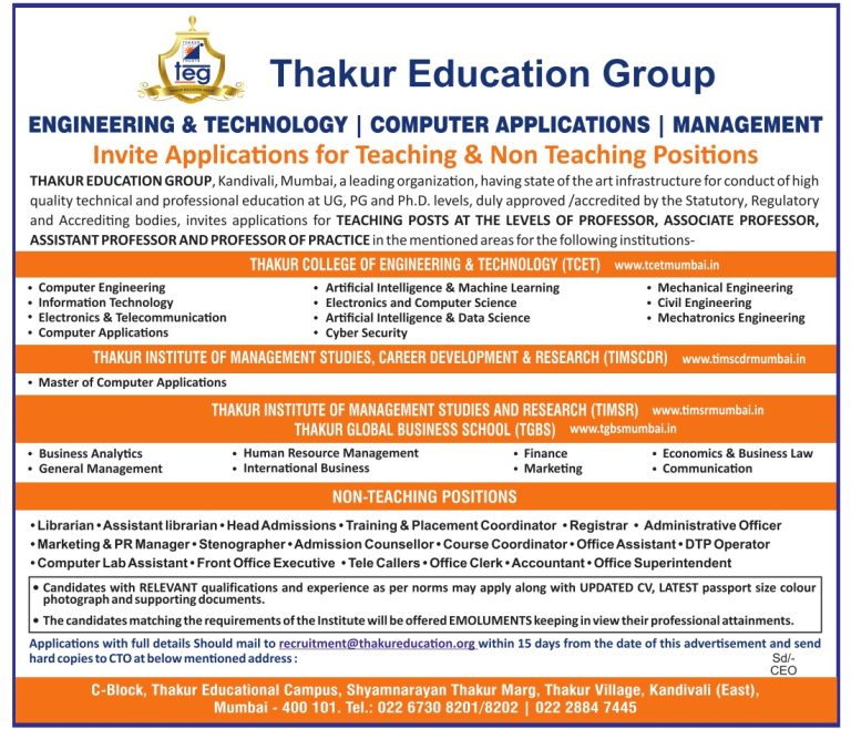 Thakur Education Group, Mumbai- Faculty Job Vacancies 2023 | FacultyPlus