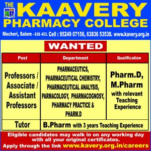 Teaching Jobs at The Kaavery Pharmacy College, Salem | FacultyPlus