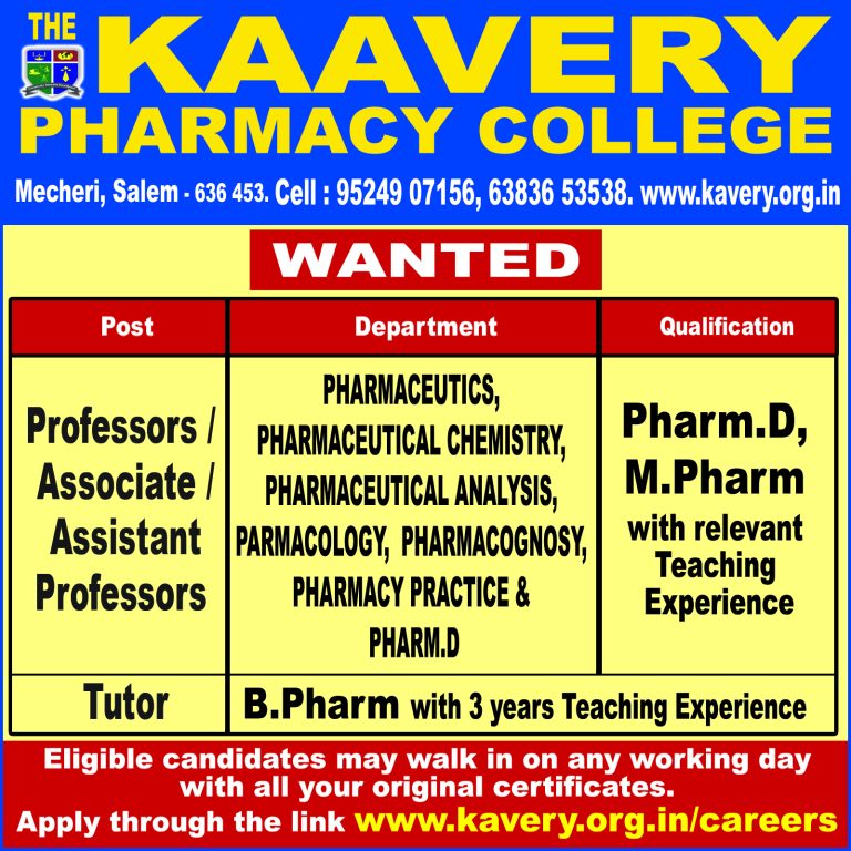 Teaching Jobs at The Kaavery Pharmacy College, Salem | FacultyPlus