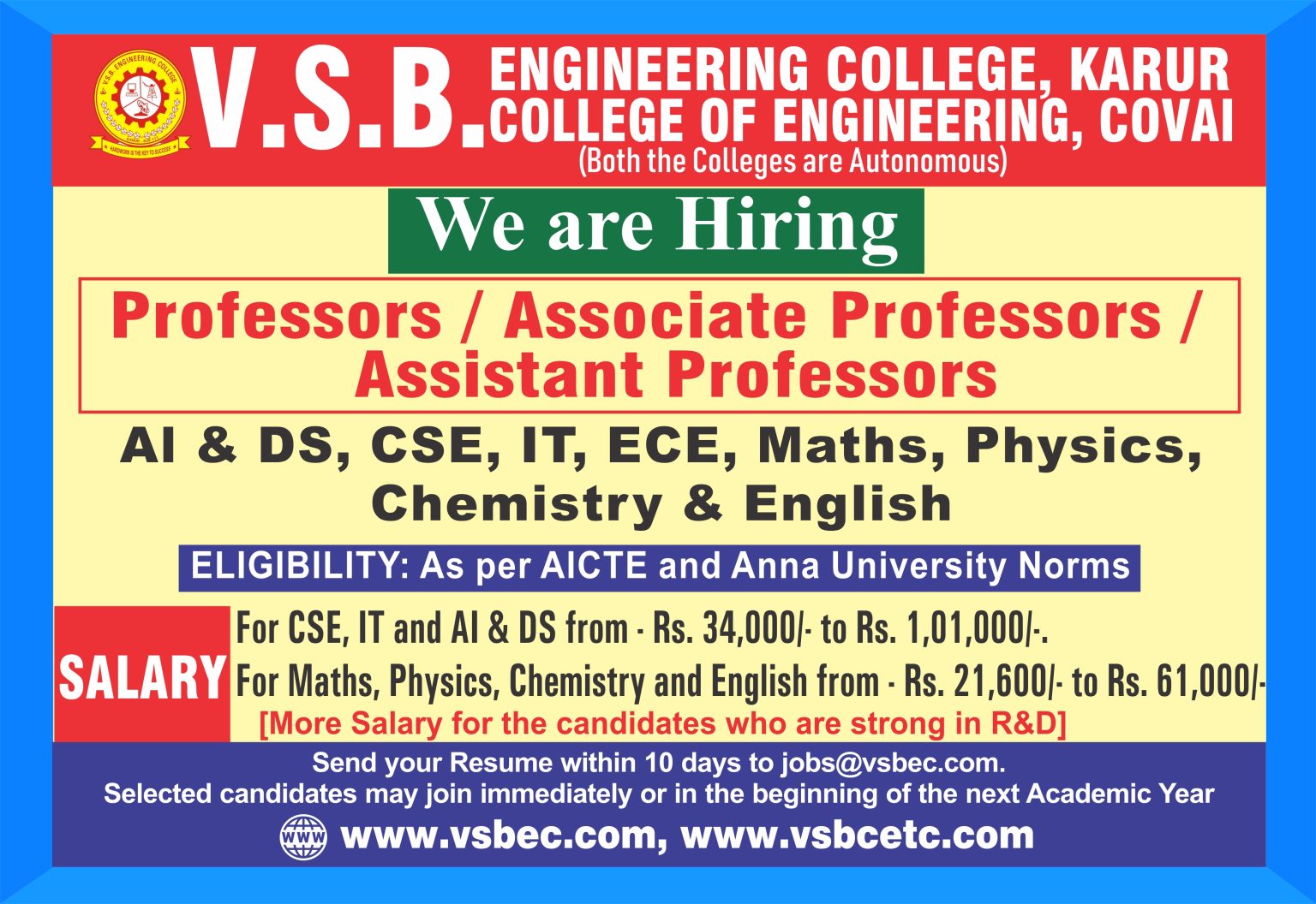 Faculty Recruitment at VSB Engineering College, Karur & VSB College of ...
