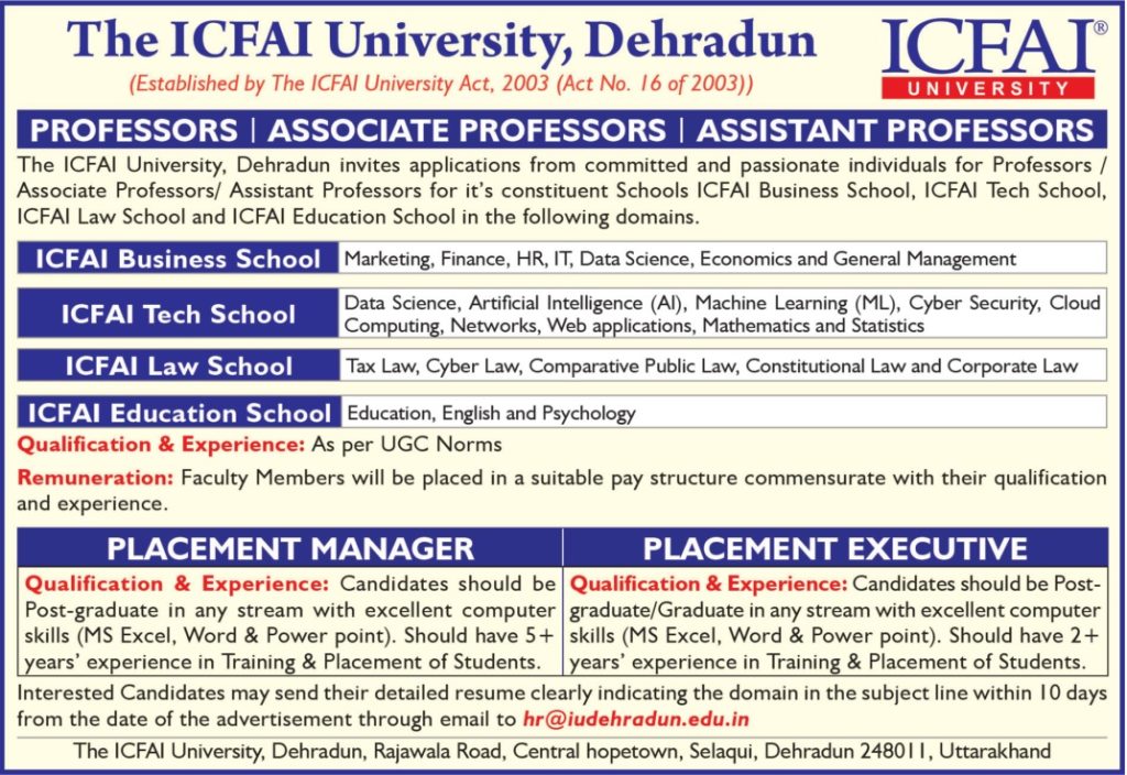 The ICFAI University, Dehradun Wanted Professor/ Associate Professor/ Assistant Professor ...