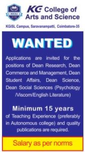 KG College of Arts and Science, Coimbatore Wanted Dean | FacultyPlus