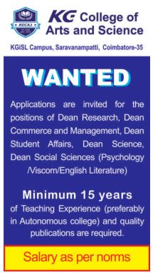 KG College of Arts and Science, Coimbatore Wanted Dean | FacultyPlus