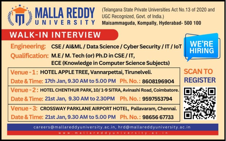 Malla Reddy University Walk-in at Coimbatore and Chennai | FacultyPlus