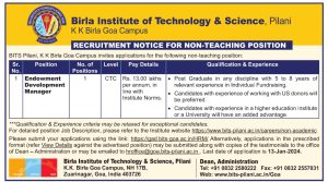 Birla Institute of Technology and Science, Pilani, K K Birla Goa Campus Wanted Endowment ...