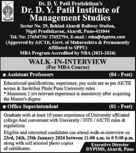 Dr. D. Y. Patil Institute of Management Studies, Pune Wanted Assistant Professors and Office ...