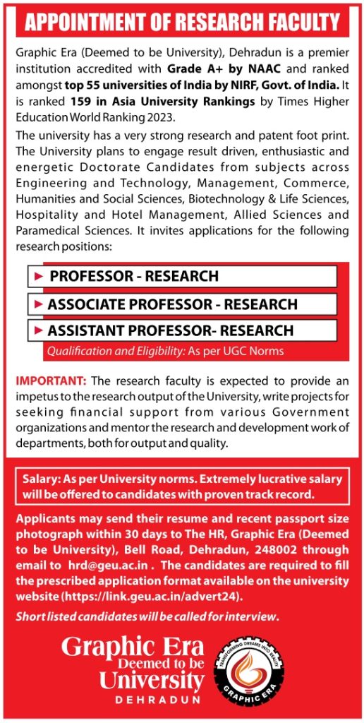 Faculty Recruitment 2024 at Graphic Era (Deemed to be University), Dehradun | FacultyPlus