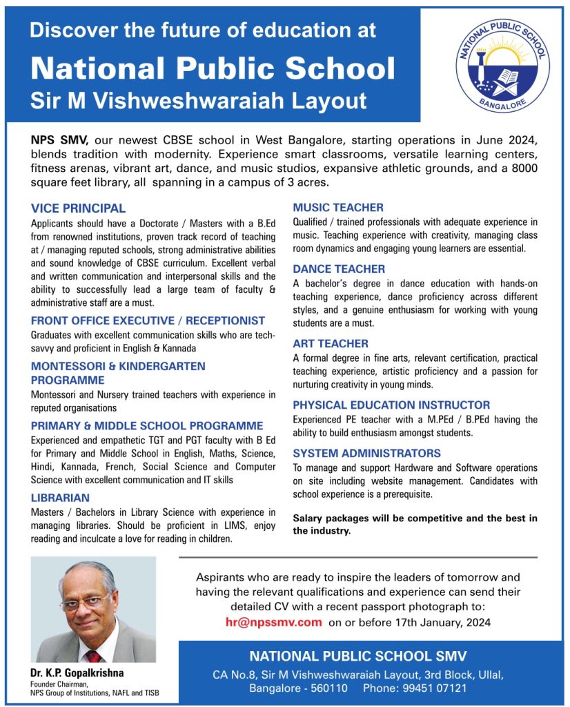 National Public School, Sir M Vishweshwaraiah Layout, Bangalore Wanted Teachers and Non-Teaching ...