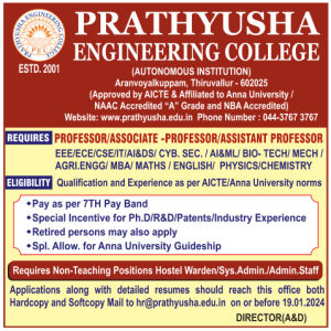 Prathyusha Engineering College, Chennai Wanted Teaching and Non ...