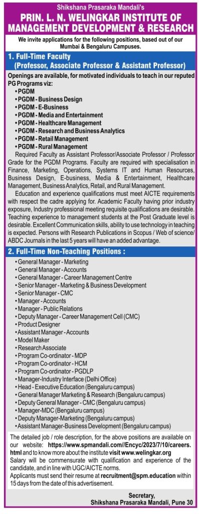 Prin. L.N. Welingkar Institute of Management Development and Research, Mumbai & Bangalore Wanted ...