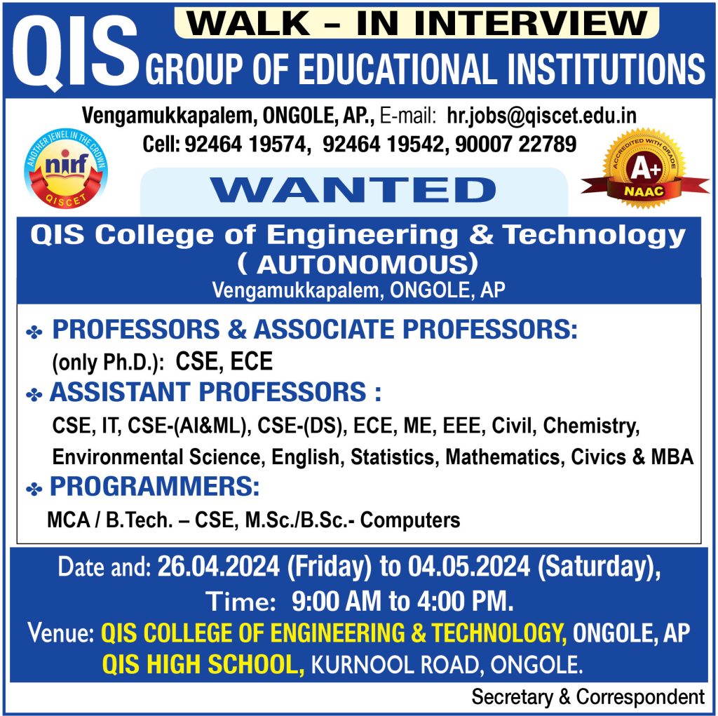 QIS College of Engineering and Technology, Ongole Wanted Professor/Associate Professor/Assistant ...