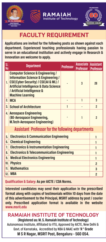 Assistant Professor/ Associate Professor/ Professor Jobs at Ramaiah Institute of Technology ...