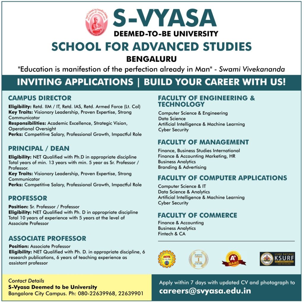 S-VYASA, School for Advanced Studies, Bengaluru Wanted Teaching and Non-Teaching Faculty ...