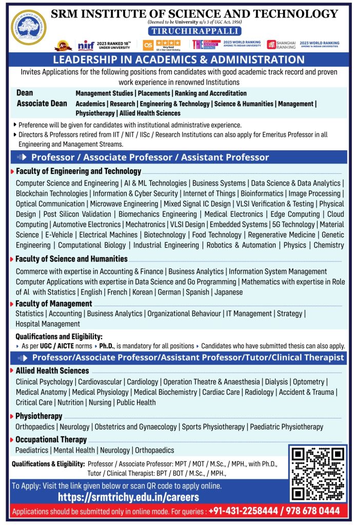 Faculty Job Openings 2024 at SRM Institute of Science and Technology, Trichy | FacultyPlus