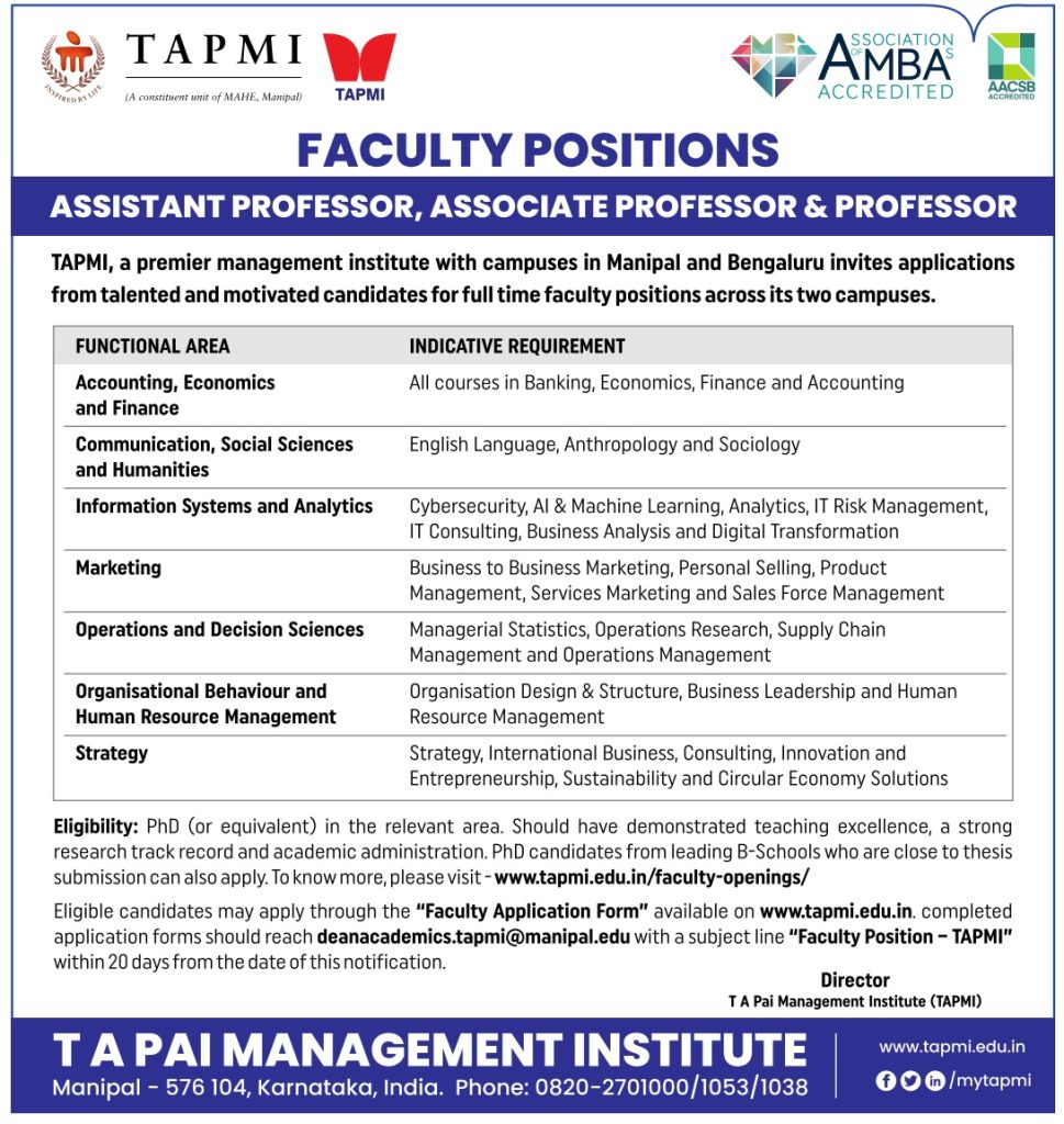T A Pai Management Institute, Manipal & Bengaluru wanted Professor/ Associate Professor ...
