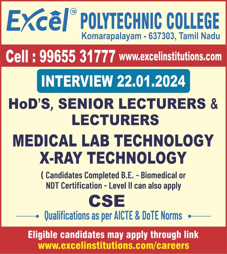 Excel Polytechnic College, Komarapalayam Wanted HOD’s, Sr.Lecturer and ...
