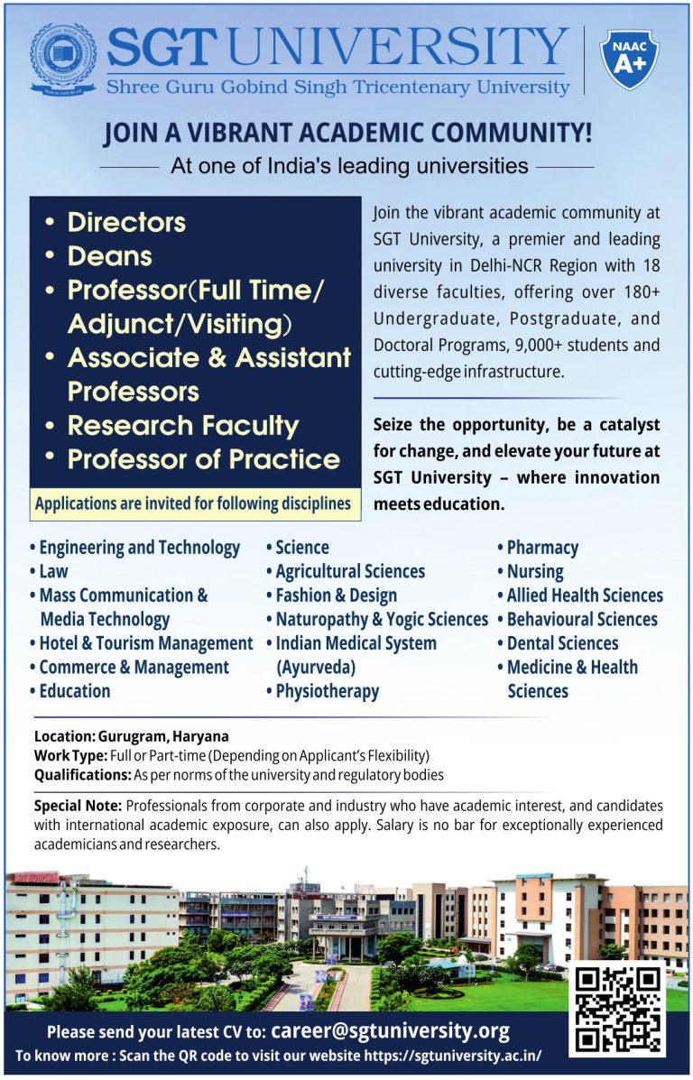 Faculty Recruitment 2024 at SGT University, Gurugram | FacultyPlus
