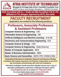 Atria Institute of Technology, Bengaluru Wanted Professors/ Associate Professors/ Assistant ...