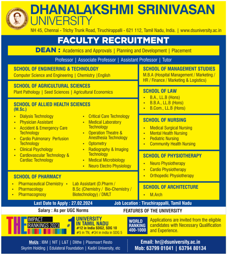 Faculty Recruitment 2024 at Dhanalakshmi Srinivasan University, Trichy | FacultyPlus