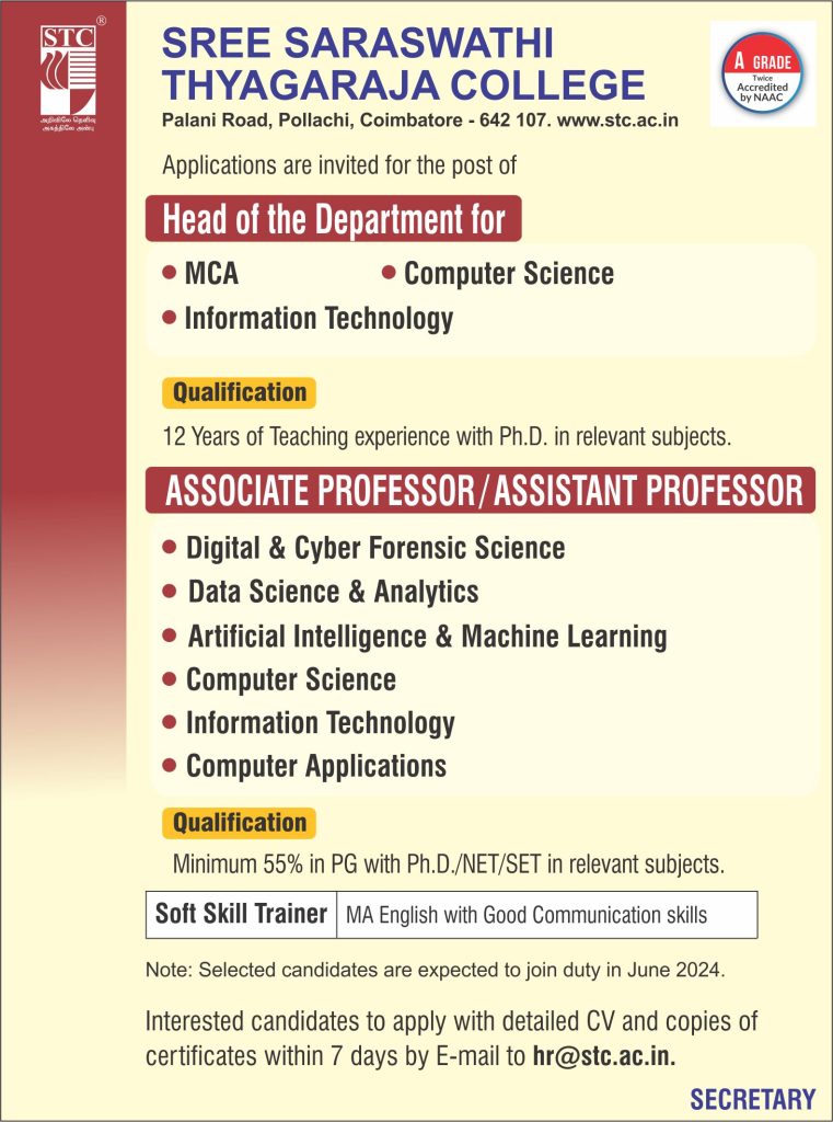 Sree Saraswathi Thyagaraja College, Pollachi Wanted HOD/Associate Professor/ Assistant Professor ...