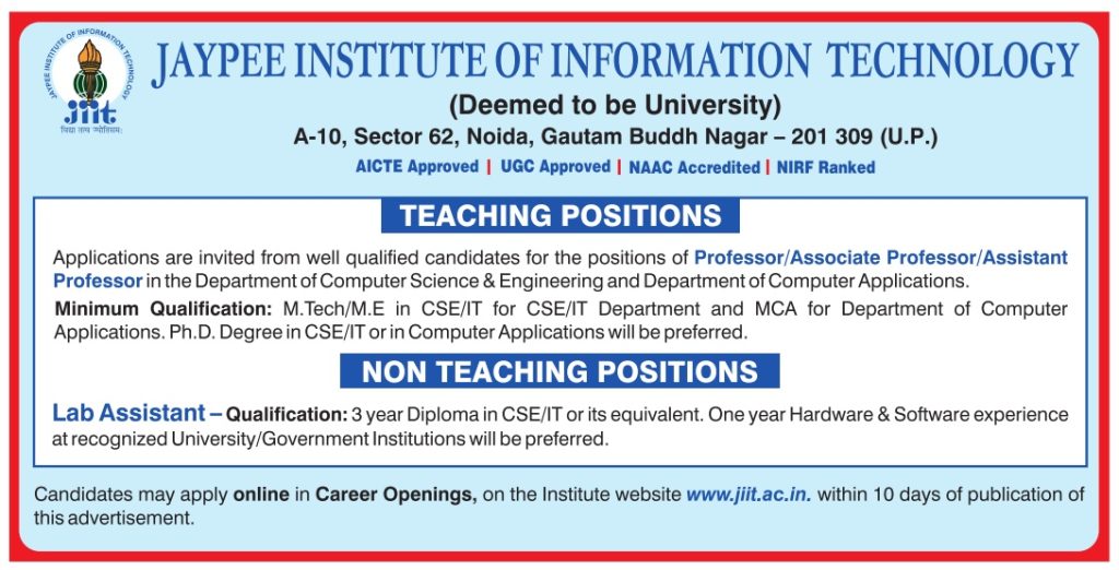 Jaypee Institute of Information Technology (Deemed to be University) Wanted Professor/Associate ...