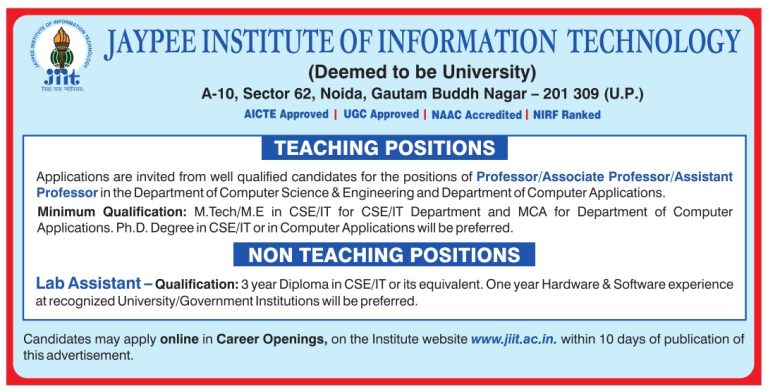 Jaypee Institute of Information Technology (Deemed to be University) Wanted Professor/Associate ...