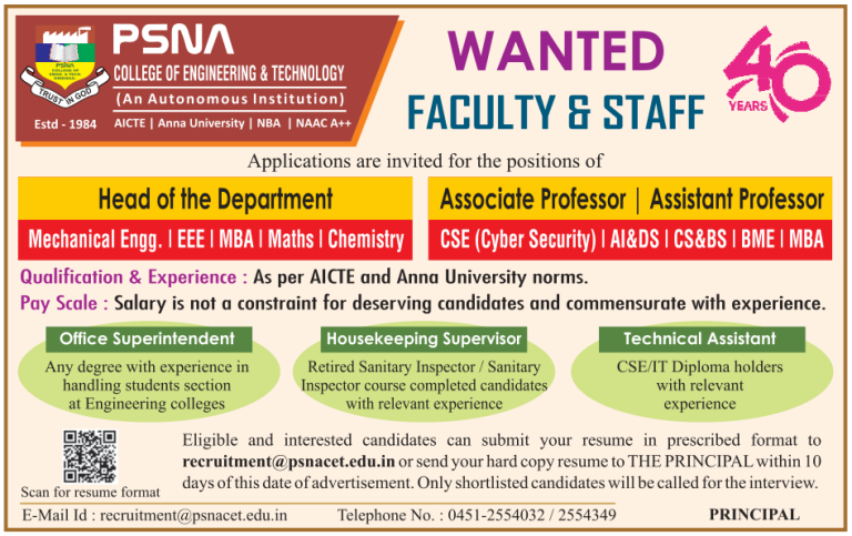 PSNA College of Engineering and Technology (Autonomous), Dindigul Wanted Faculty and Staff ...