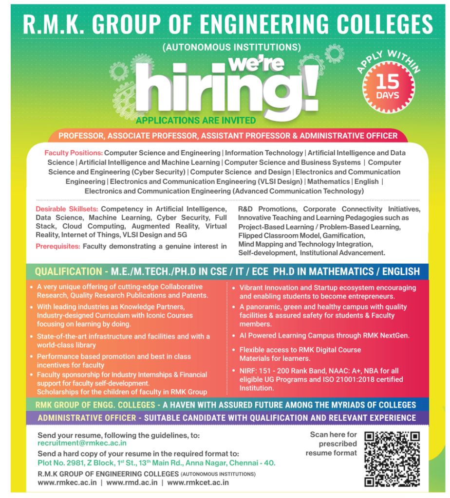 RMK Group of Engineering Colleges, Chennai Wanted Assistant Professor/ Associate Professor ...