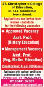 Teaching Jobs at St. Christopher’s College of Education, Chennai | FacultyPlus