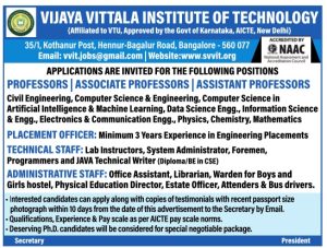 Vijaya Vittala Institute of Technology, Bangalore Wanted Teaching and Non-Teaching Faculty ...