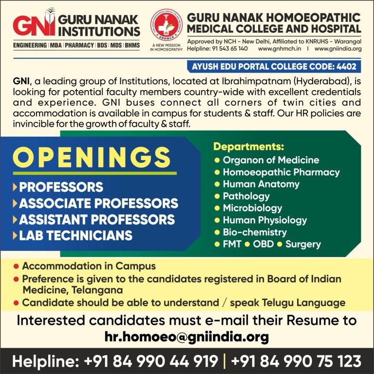 Faculty Recruitment 2024 at Guru Nanak Homoeopathic Medical College and Hospital, Hyderabad ...