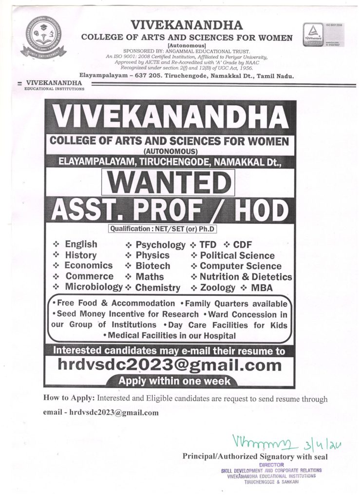 Vivekanandha College of Arts and Sciences for Women (Autonomous) Wanted Assistant Professor/HOD ...