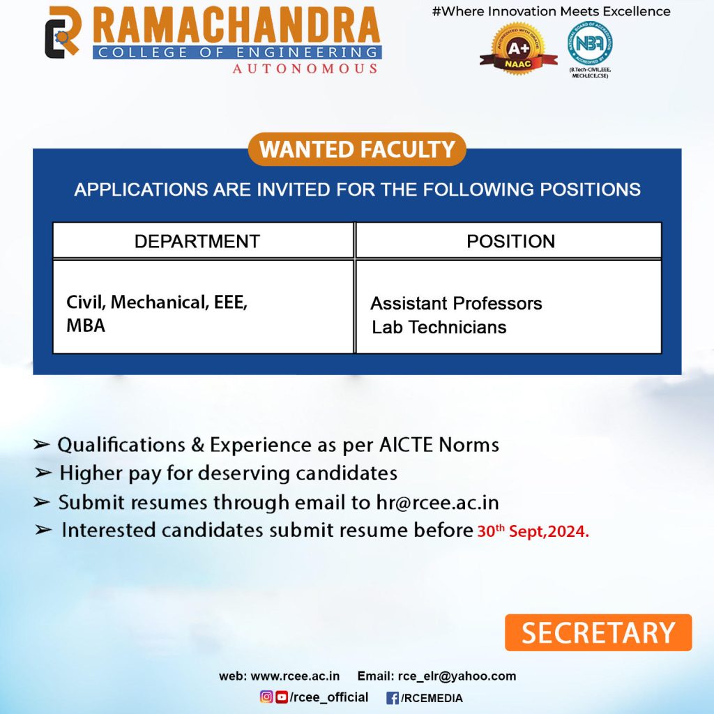 Faculty Recruitment 2024 at Ramachandra College of Engineering (Autonomous), Eluru | FacultyPlus