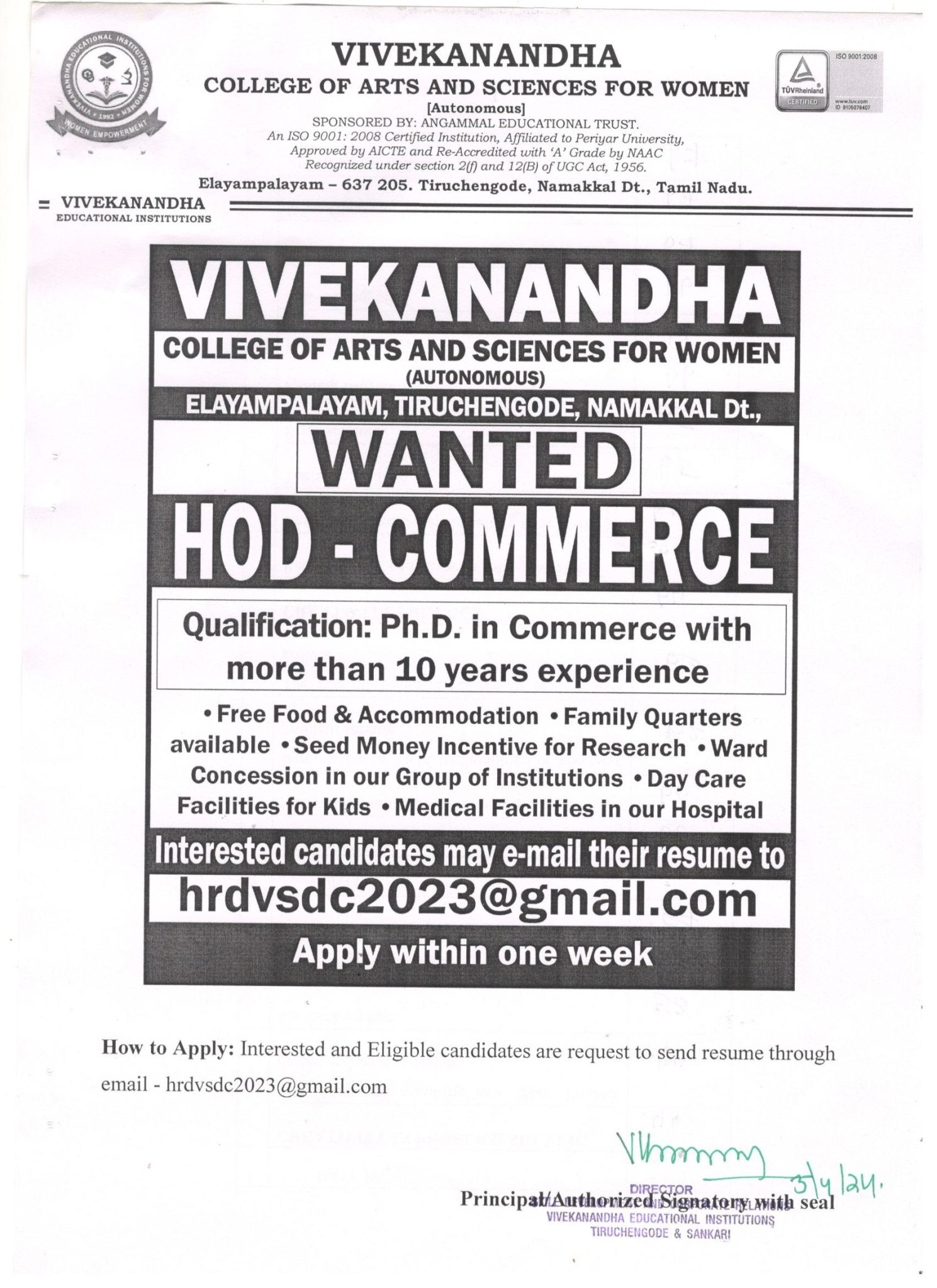 Vivekanandha College of Arts and Sciences for Women (Autonomous) Wanted HOD | FacultyPlus