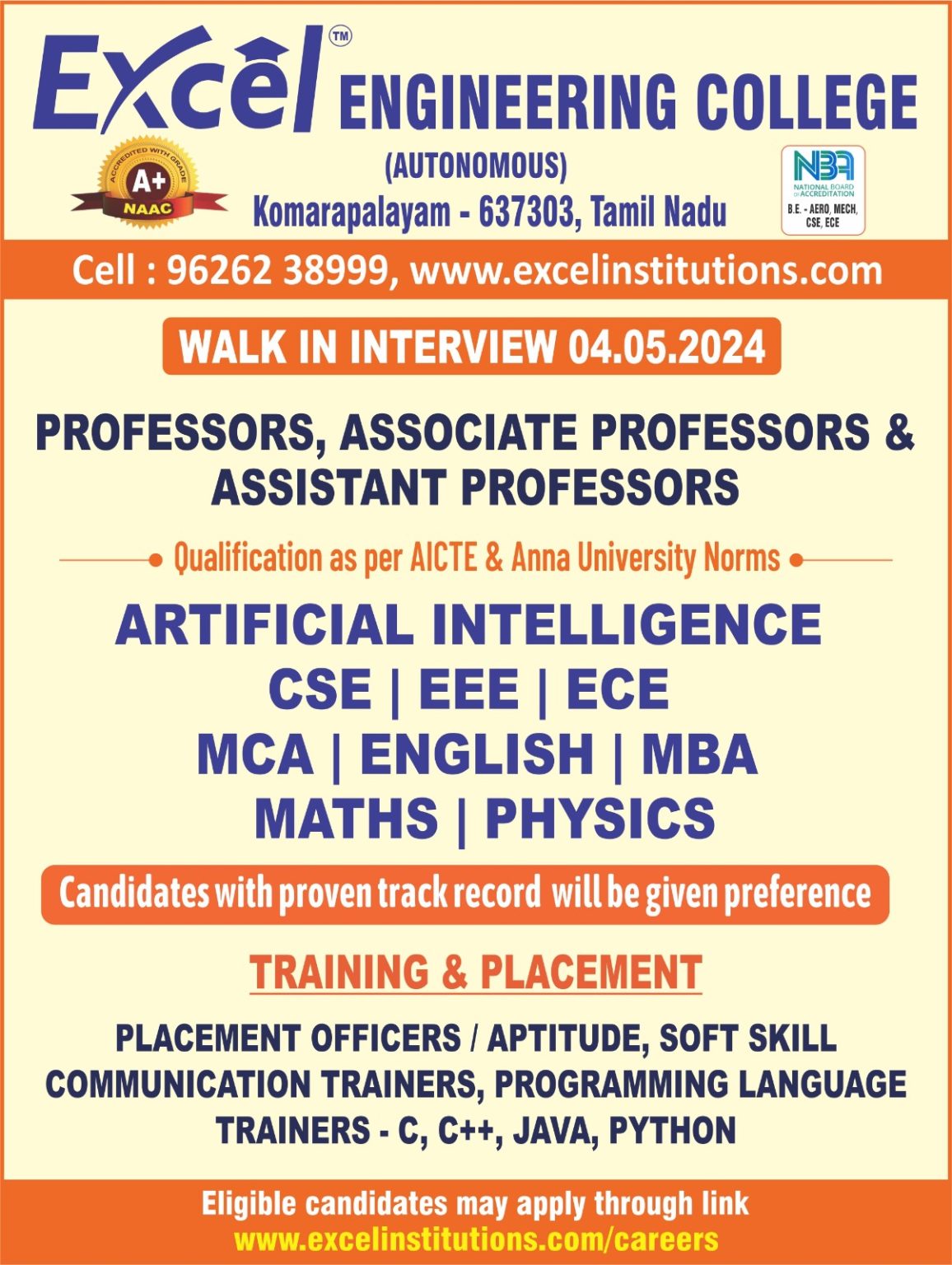 Excel Engineering College, Komarapalayam Wanted Professor/Associate ...