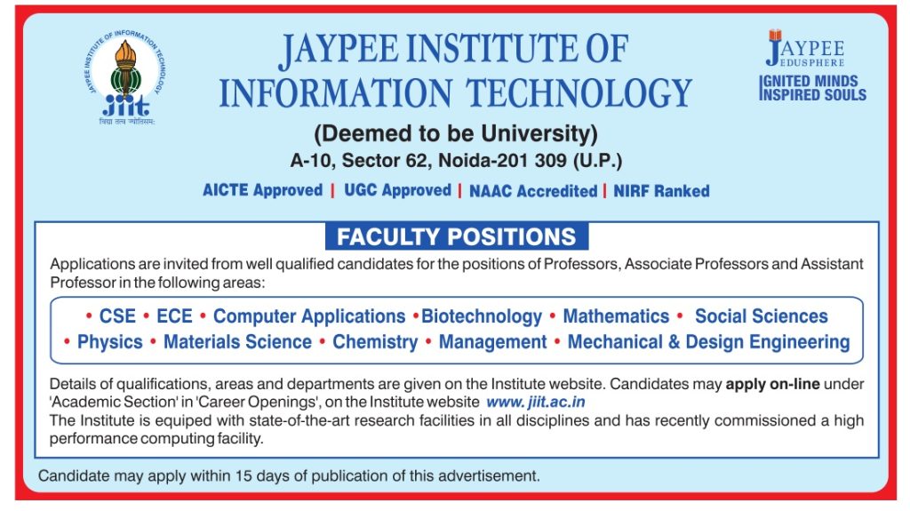 Faculty Positions 2024 at Jaypee Institute of Information Technology (Deemed to be University ...