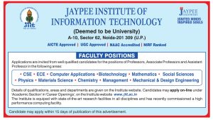 Faculty Positions 2024 at Jaypee Institute of Information Technology (Deemed to be University ...