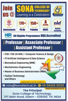 Sona College of Technology, Salem Wanted Professor/ Associate Professor/ Assistant Professor ...