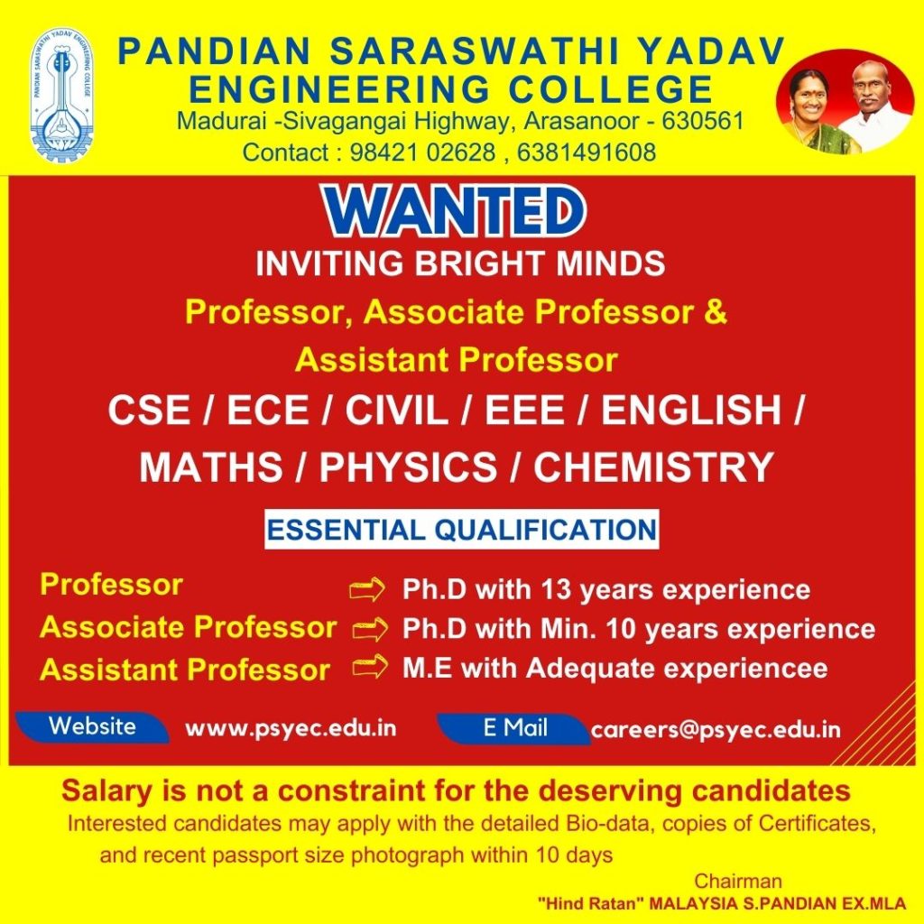 Faculty Appointment 2024 at Pandian Saraswathi Yadav Engineering ...