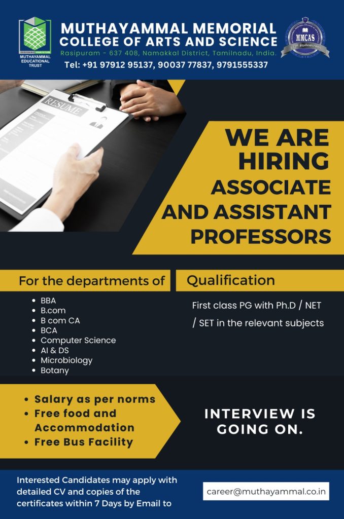 Muthayammal Memorial College of Arts and Science,Rasipuram Wanted Associate & Assistant ...