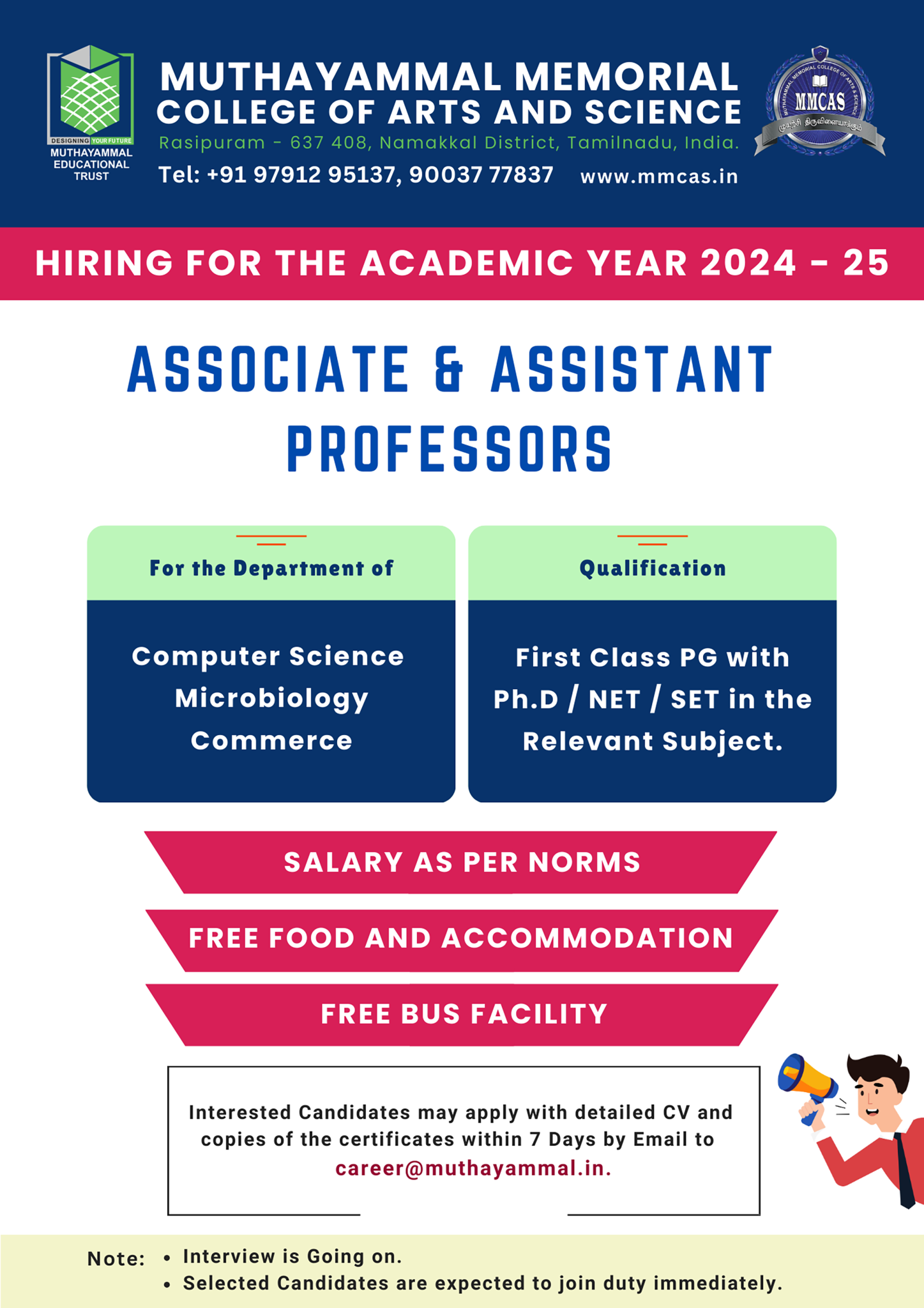 Muthayammal Memorial College of Arts and Science,Rasipuram Wanted Associate & Assistant ...